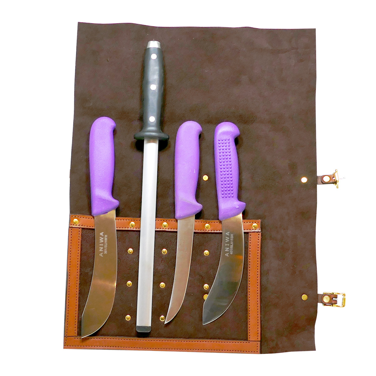 Butchering Kit, SS Aniwa Brand Knives and Diamond Oval Steel in Leather ...